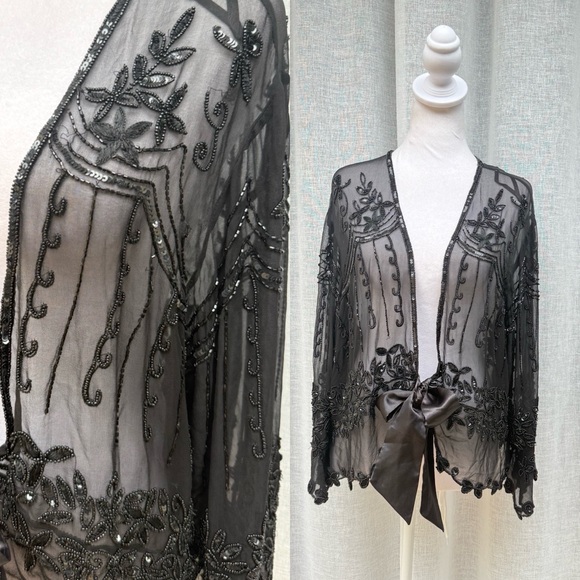 Sweaters | Silk Beaded And Sequined Black Sheer Long Sleeve Cover Up ...